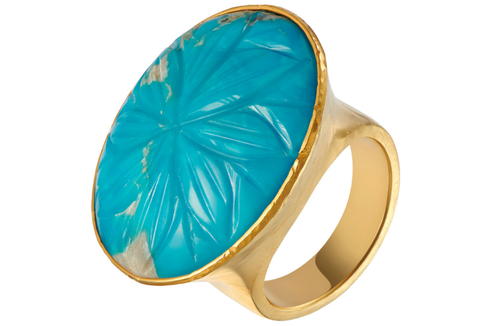 Carved Iranian Turquoise Ring | Handcrafted Rings London